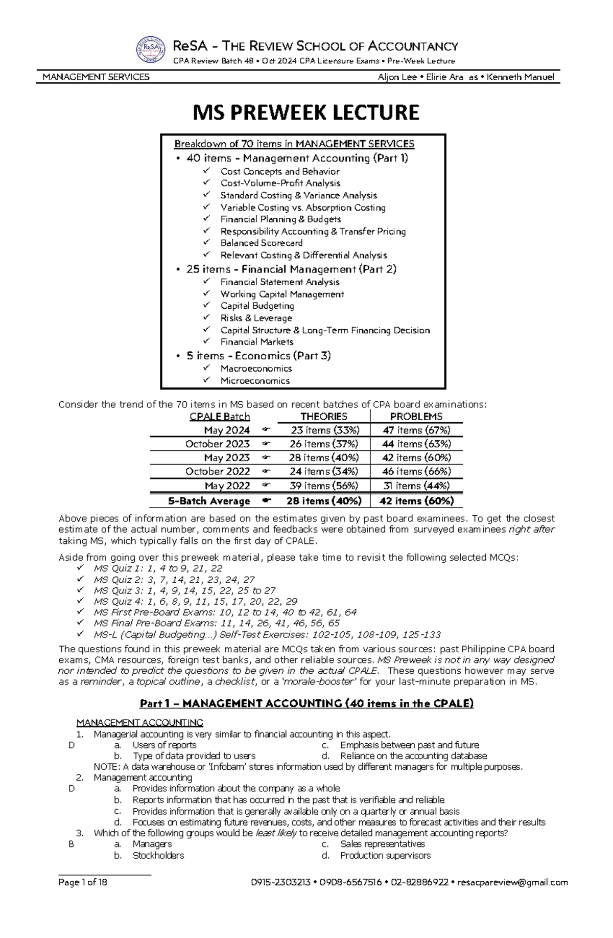 MS Preweek (B48) - Practice Problem for Management Services - ReSA - THE REVIEW SCHOOL OF - Studocu
