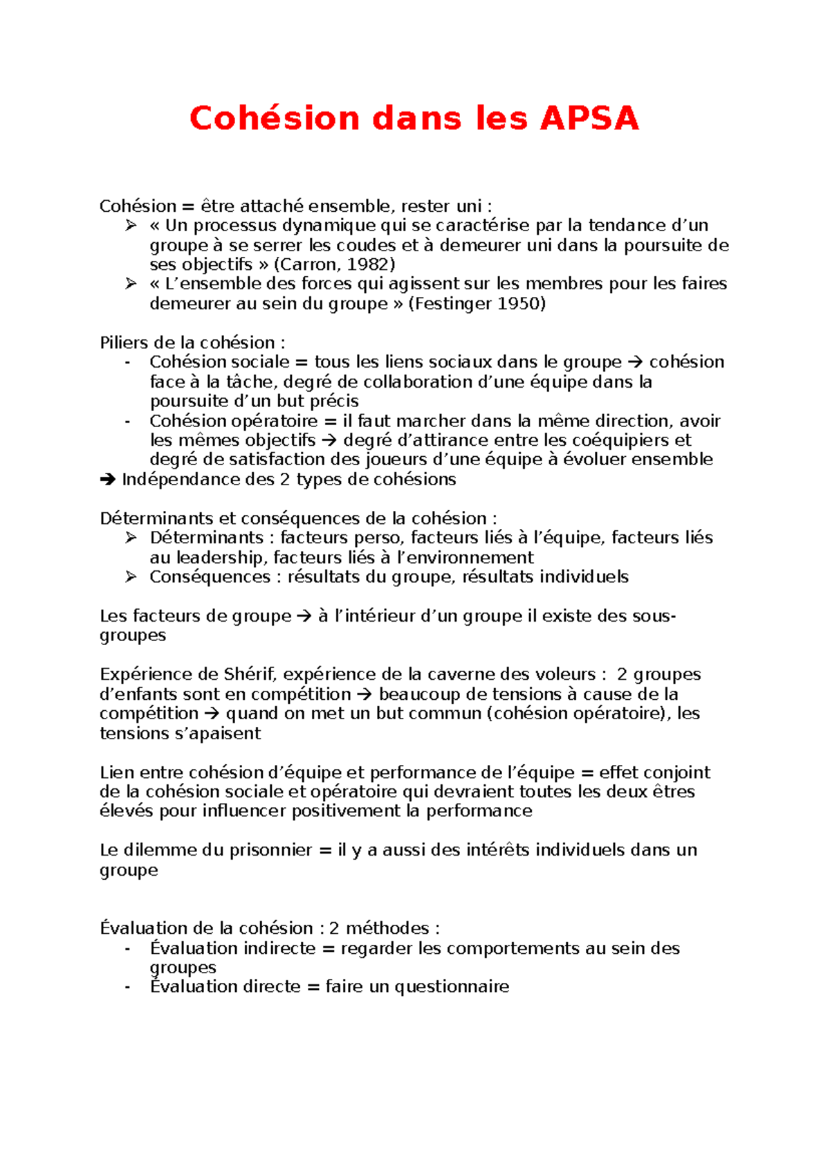 Cohésion dans les APSA : Analyse des Dynamiques de Groupe - Studocu