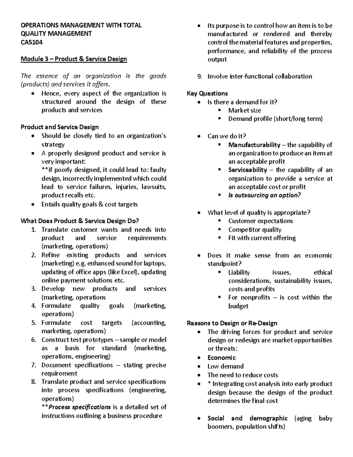 Operations Management: Product & Service Design (Module 3 - CA) - Studocu