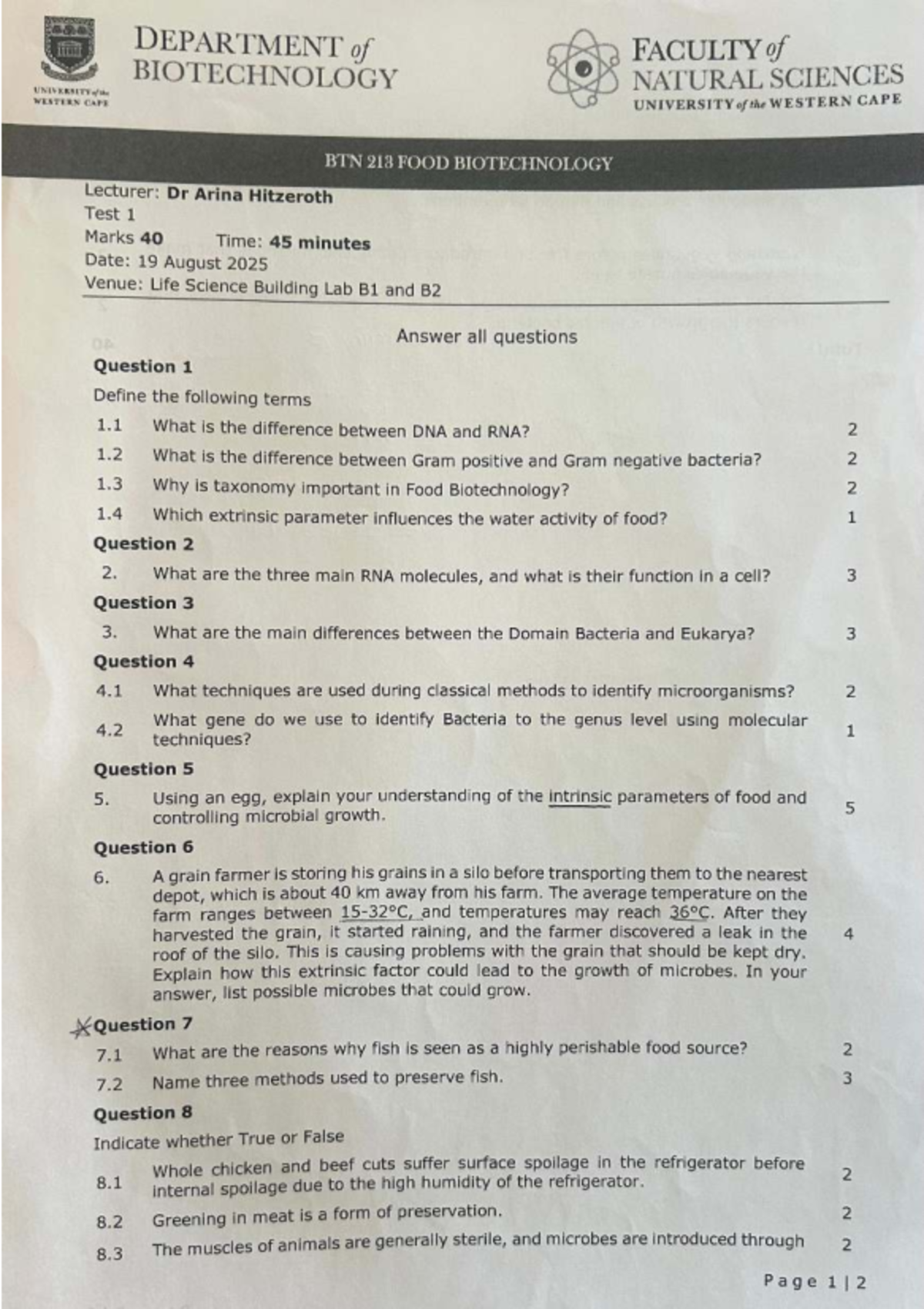 BTN 213 Food Biotechnology Test 1 Study Guide - Studocu