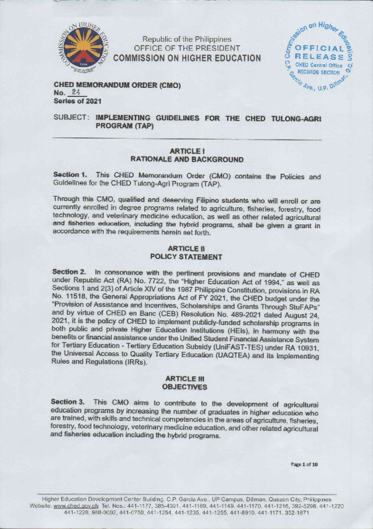 CMO-No - more information - ON HIGHER Republic of the Philippines ...