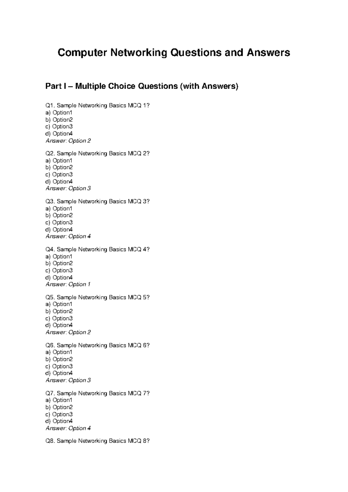 Computer Networking 200QA: MCQs and Short Answers Guide - Studocu