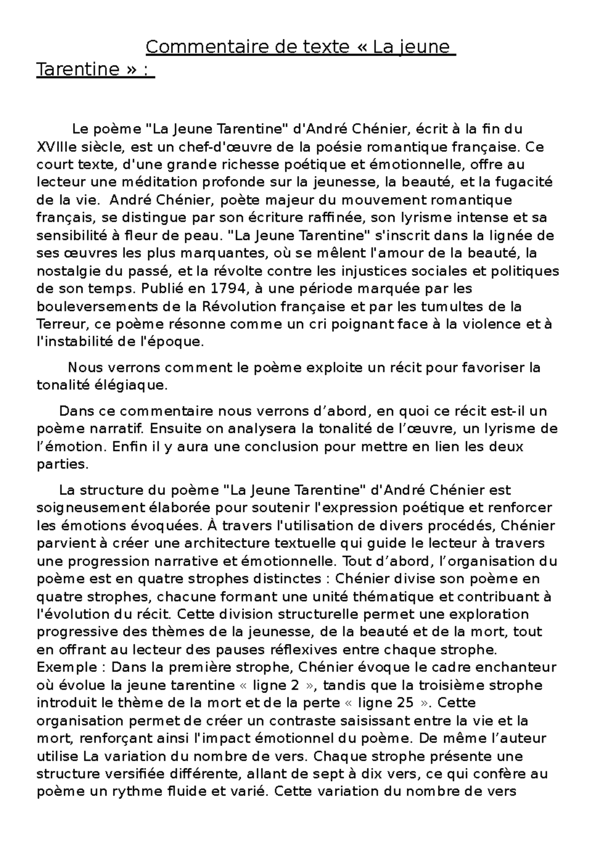 Commentaire de texte : Analyse de "La Jeune Tarentine" (Français) - Studocu