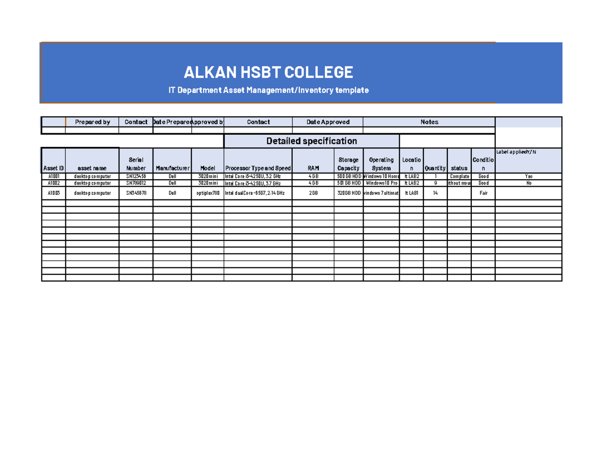 IT Department Asset Inventory Template - ALKAN HSBT College - Studocu