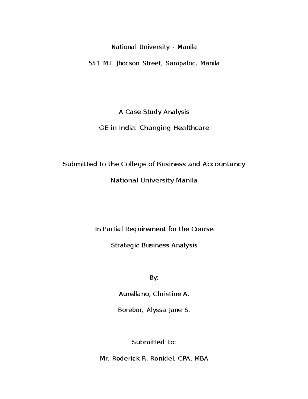 GE in India - business - National University - Manila 551 M Jhocson ...