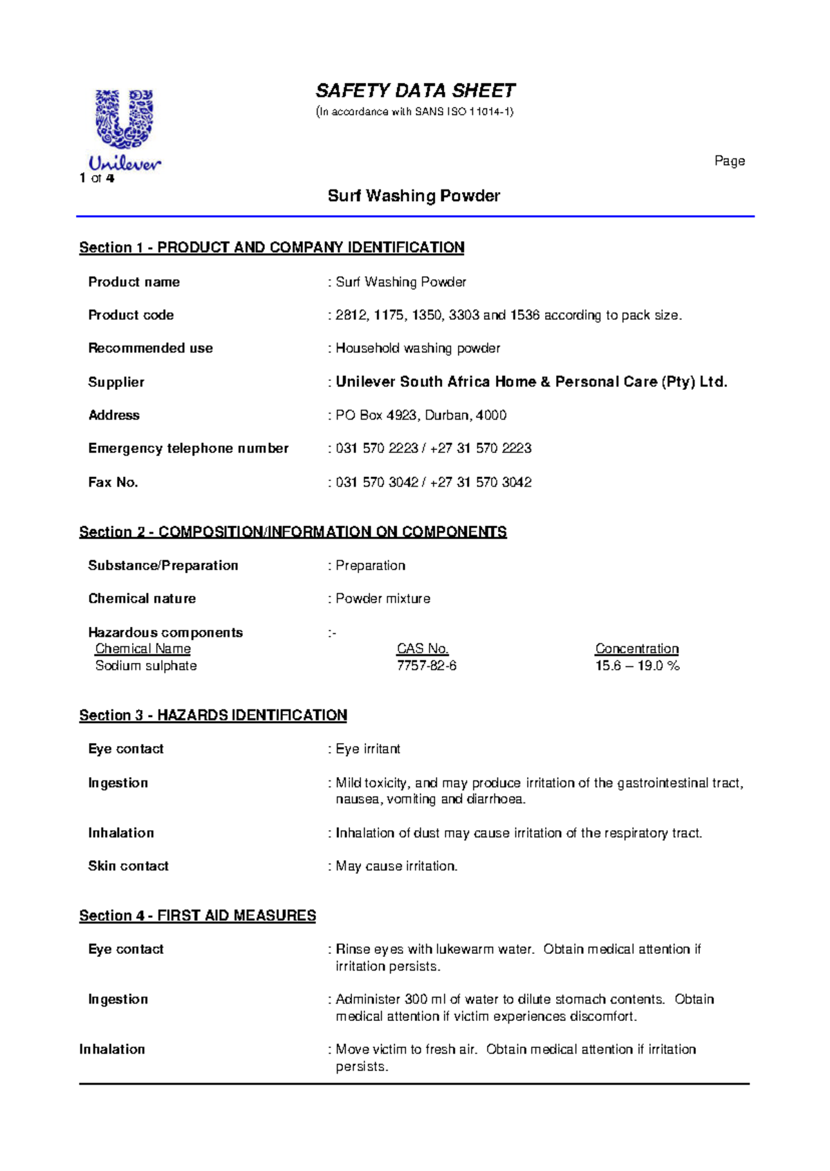 Safety Data Sheet for Surf Washing Powder (SANS ISO) - Studocu