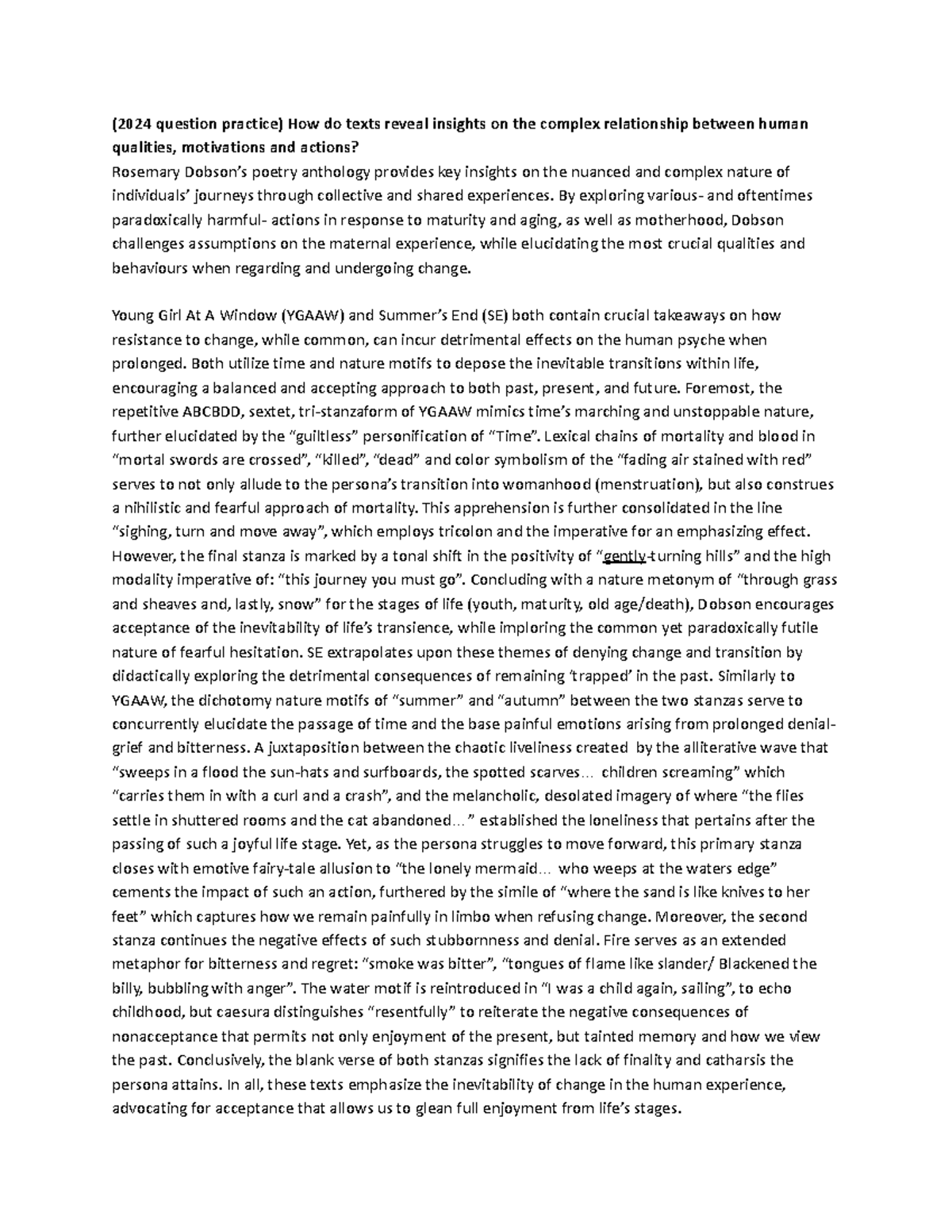 Rosemary Dobson Essay - (2024 Q) Insights on Human Qualities & Change ...
