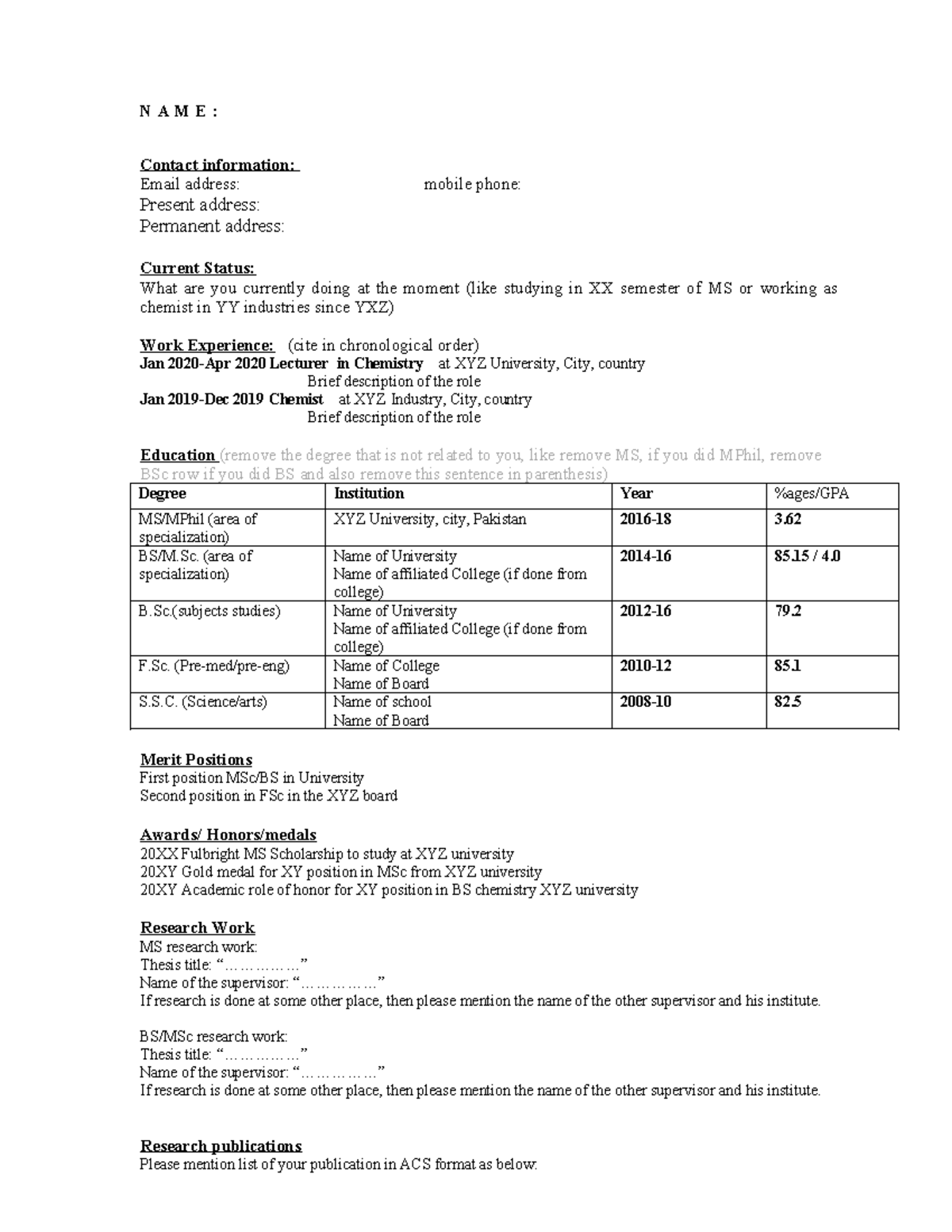 CV Template for Chemistry Positions - Model-CV-Ver2 - Studocu