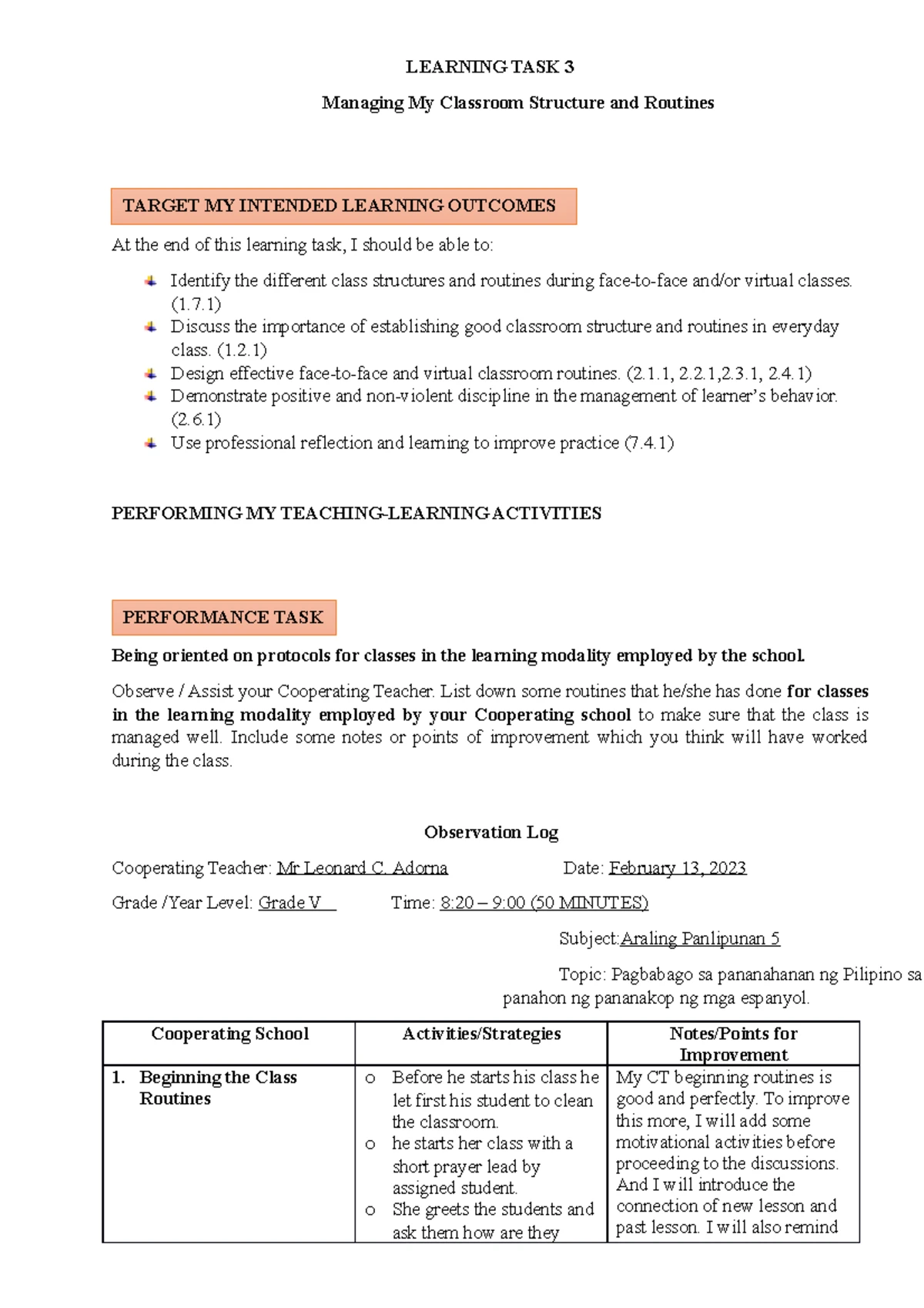 3 - Learning task - LEARNING TASK 3 Managing My Classroom Structure and Routines At the end of ...