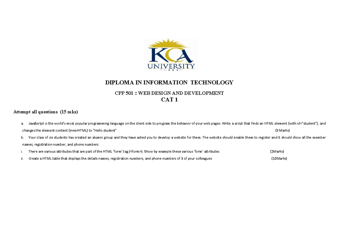 CPP 501: Web Design & Development CAT 1 - Assignment Questions - Studocu