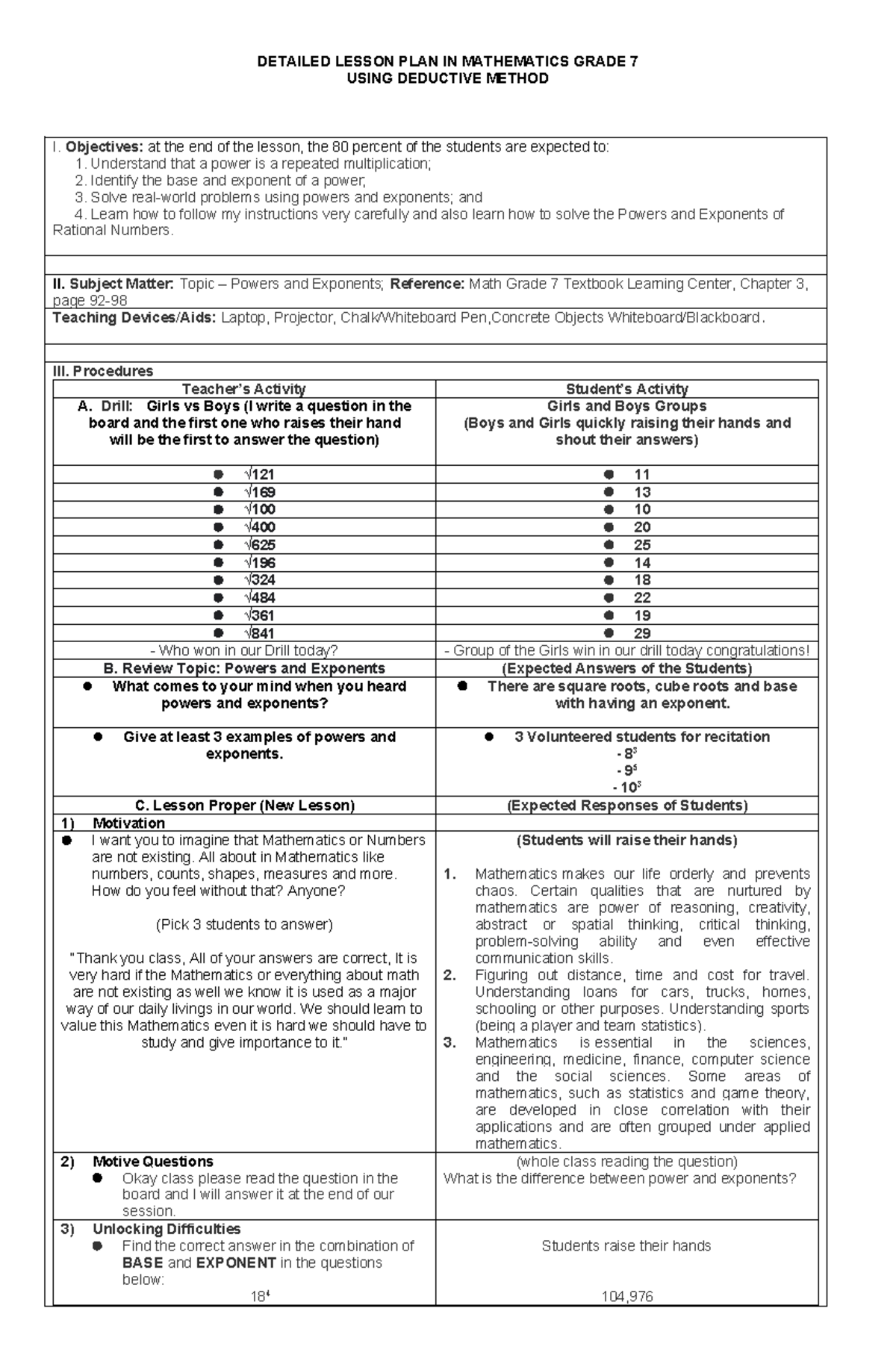 Detailed Deductive Lesson PLAN - DETAILED LESSON PLAN IN MATHEMATICS ...