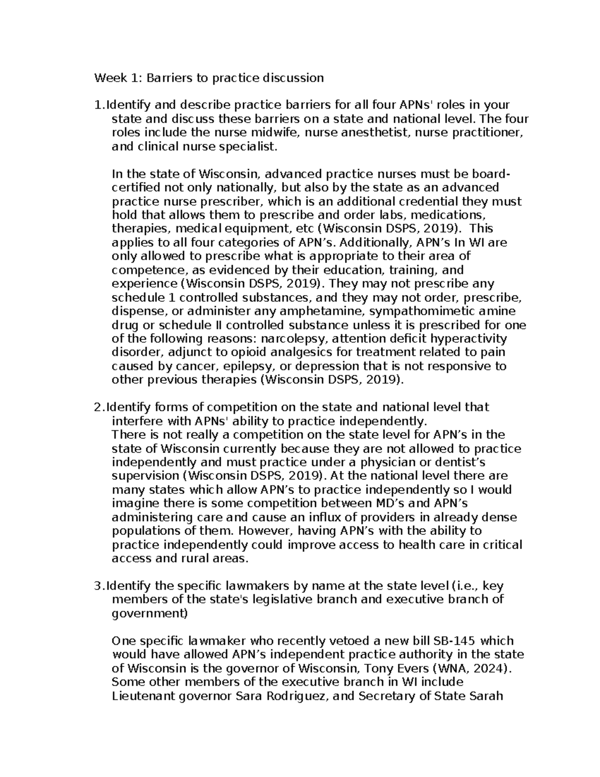 Week 1: Barriers to Practice Discussion in Wisconsin APN Roles - Studocu