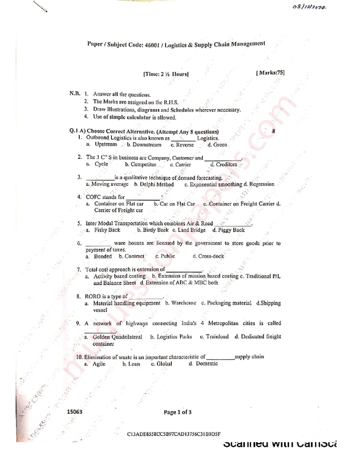 Logistics & SCM Exam Paper: 46001 - Nov 2022 Questions & Answers - Studocu