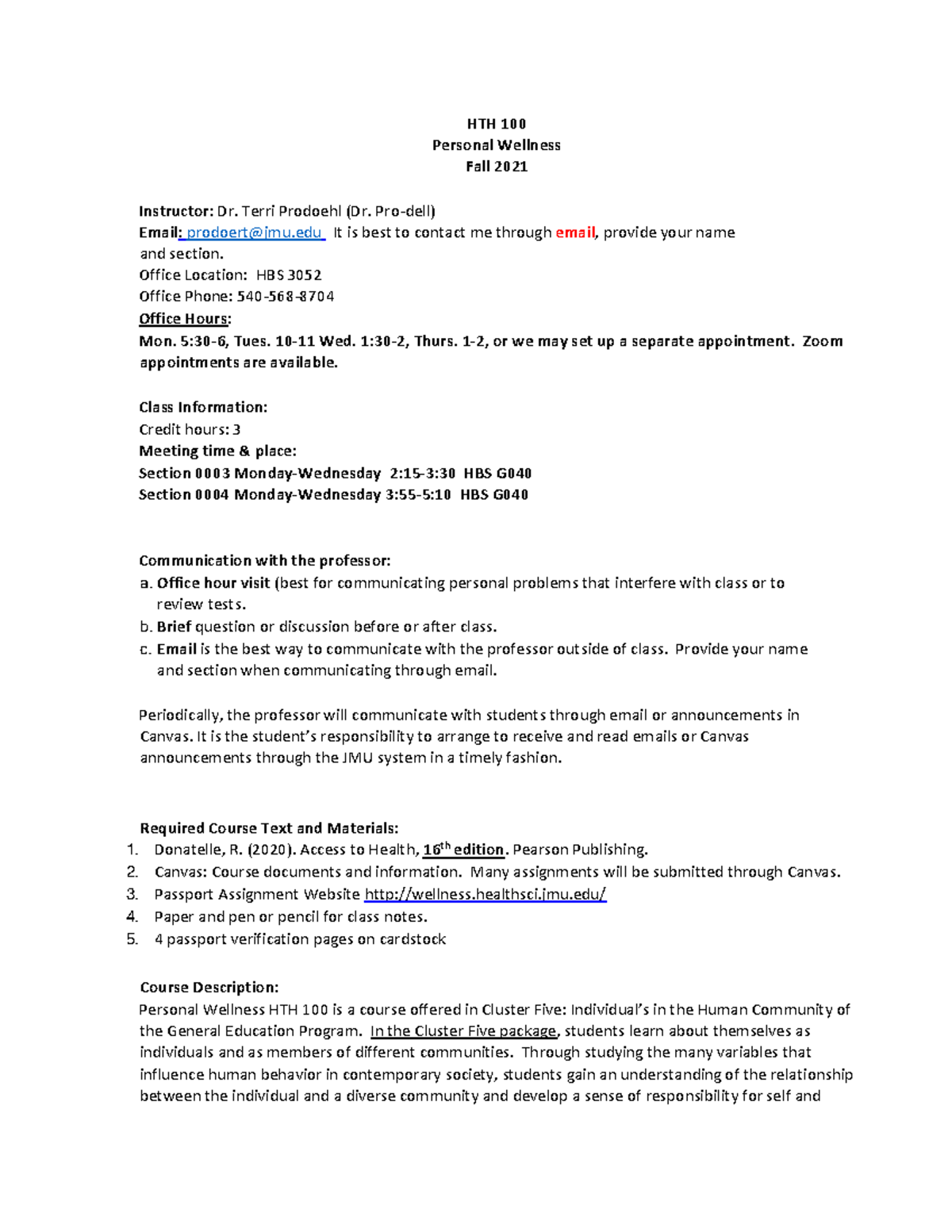 HTH 100 Personal Wellness Syllabus - Fall 2021 (Prodoehl) - Studocu