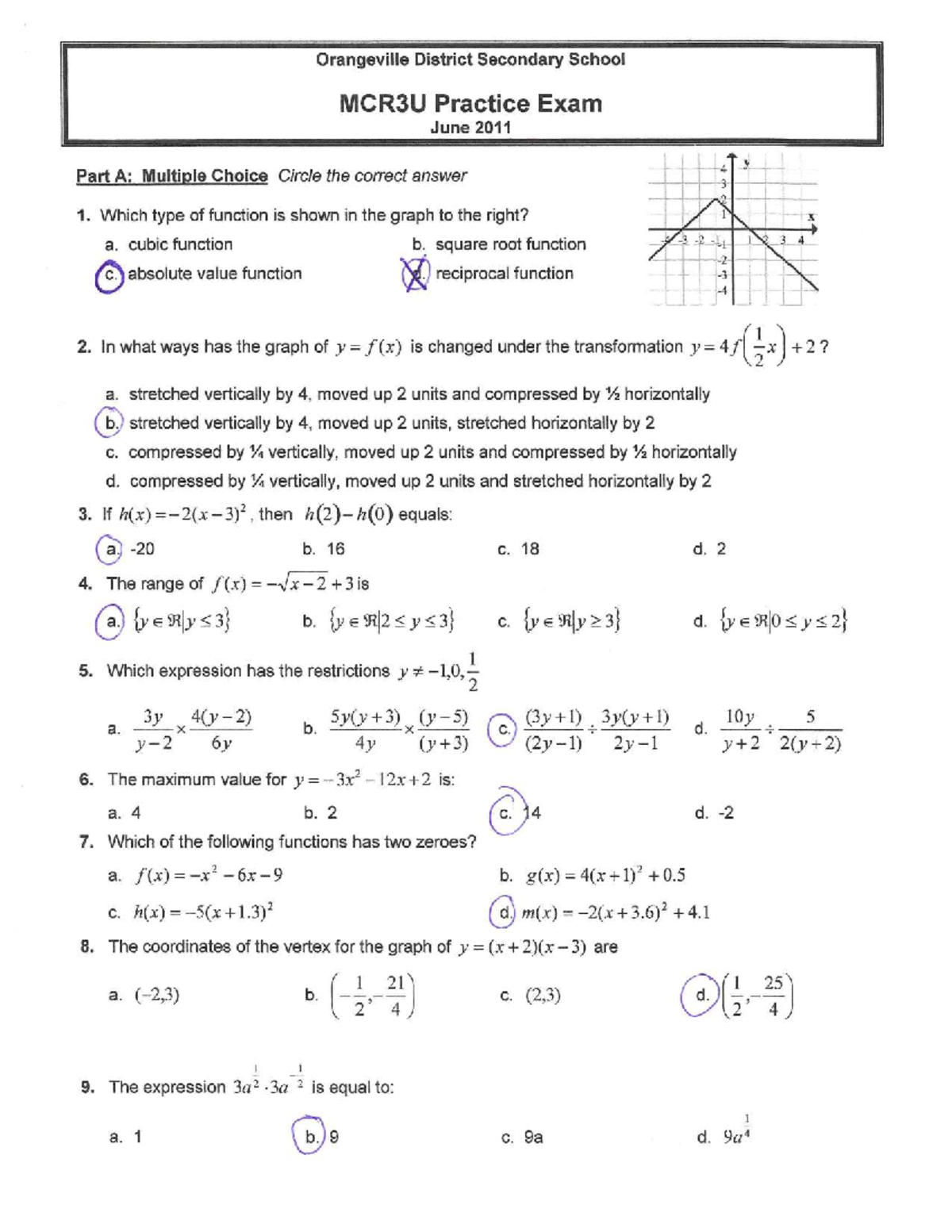 MCR3U Practice Exam Sample with Answers - June 2011 - Studocu