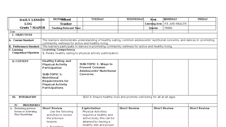 DLL PE & Health Week 6: Healthy Eating & Physical Activity - Studocu