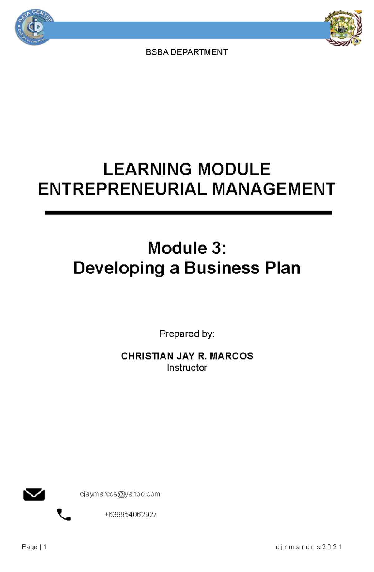 Module 4- Entrep - Developing Business Plan - BSBA DEPARTMENT LEARNING ...