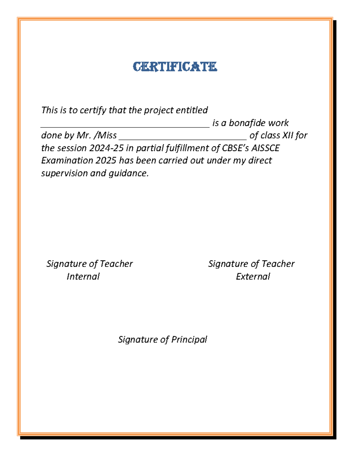 CS Project Template Certificate for Class XII (2024-25) - Studocu