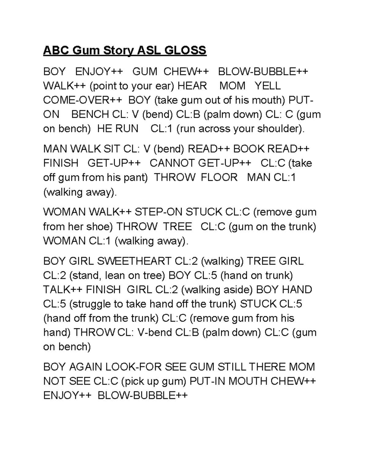 ABC Gum Story ASL Gloss: A Narrative of Sticky Situations - Studocu