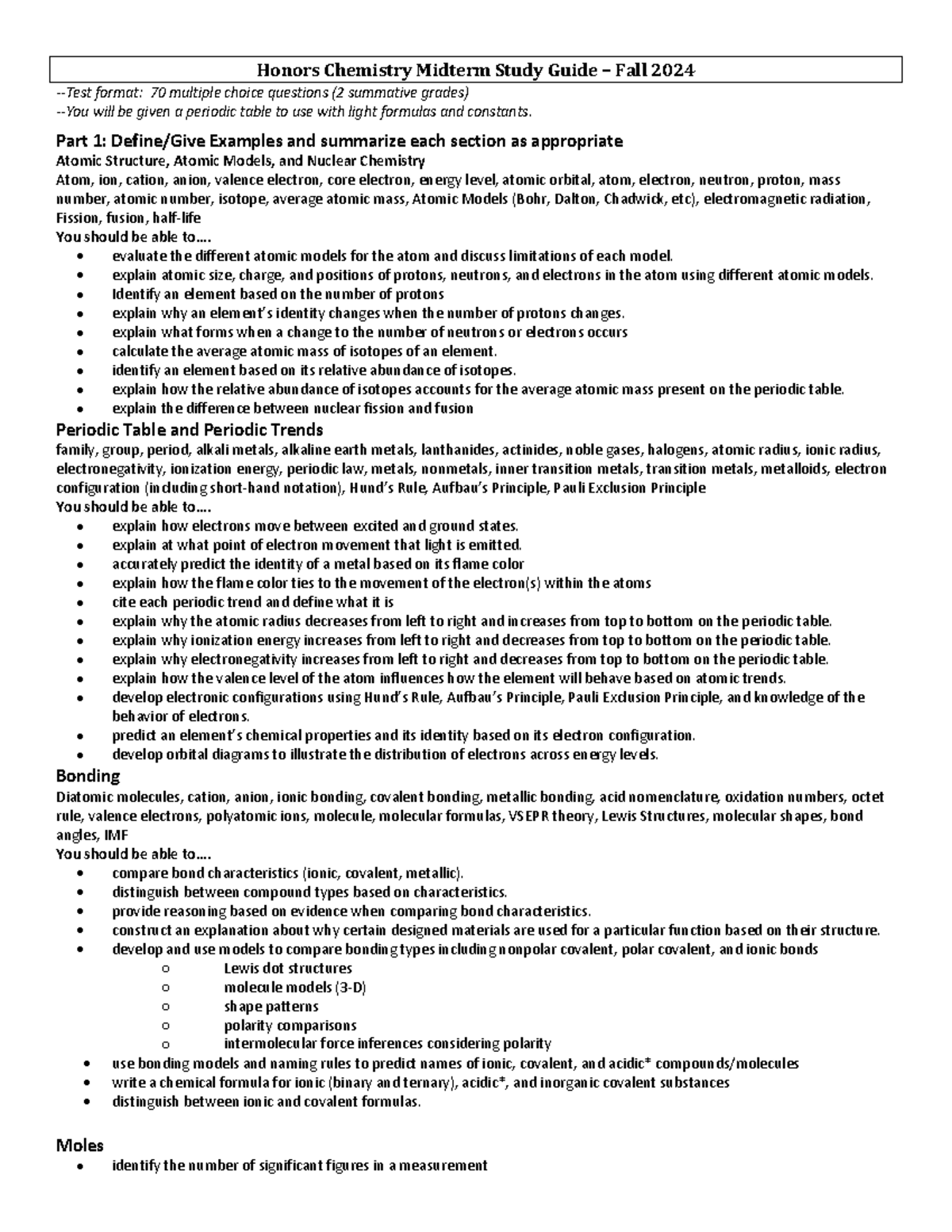 1015 - yjg - Honors Chemistry Midterm Study Guide – Fall 2024 -Test ...