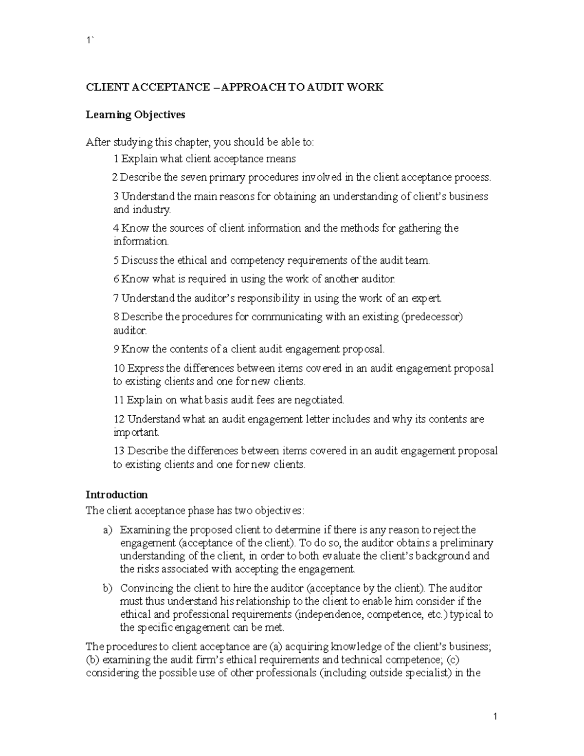 CHP-4 Client Acceptance: Procedures and Responsibilities in Auditing ...