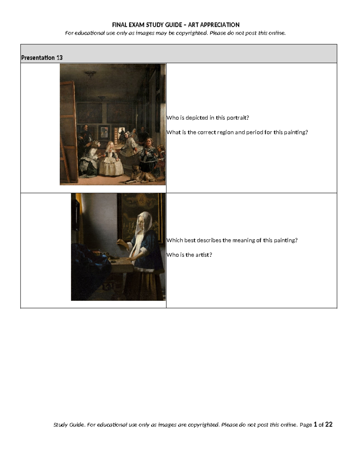 FINAL EXAM STUDY GUIDE – ART APPRECIATION (Course Code: ART101) - Studocu