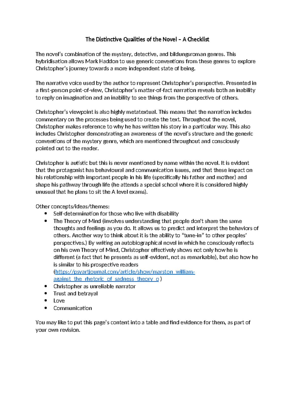 Checklist of Distinctive Qualities in Novels - Literary Analysis Notes ...