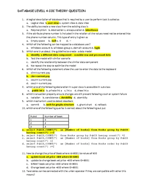 Coc exam level 4-2 - DATABASE LEVELL 4 COC THEORY QUESTION 1. A logical ...