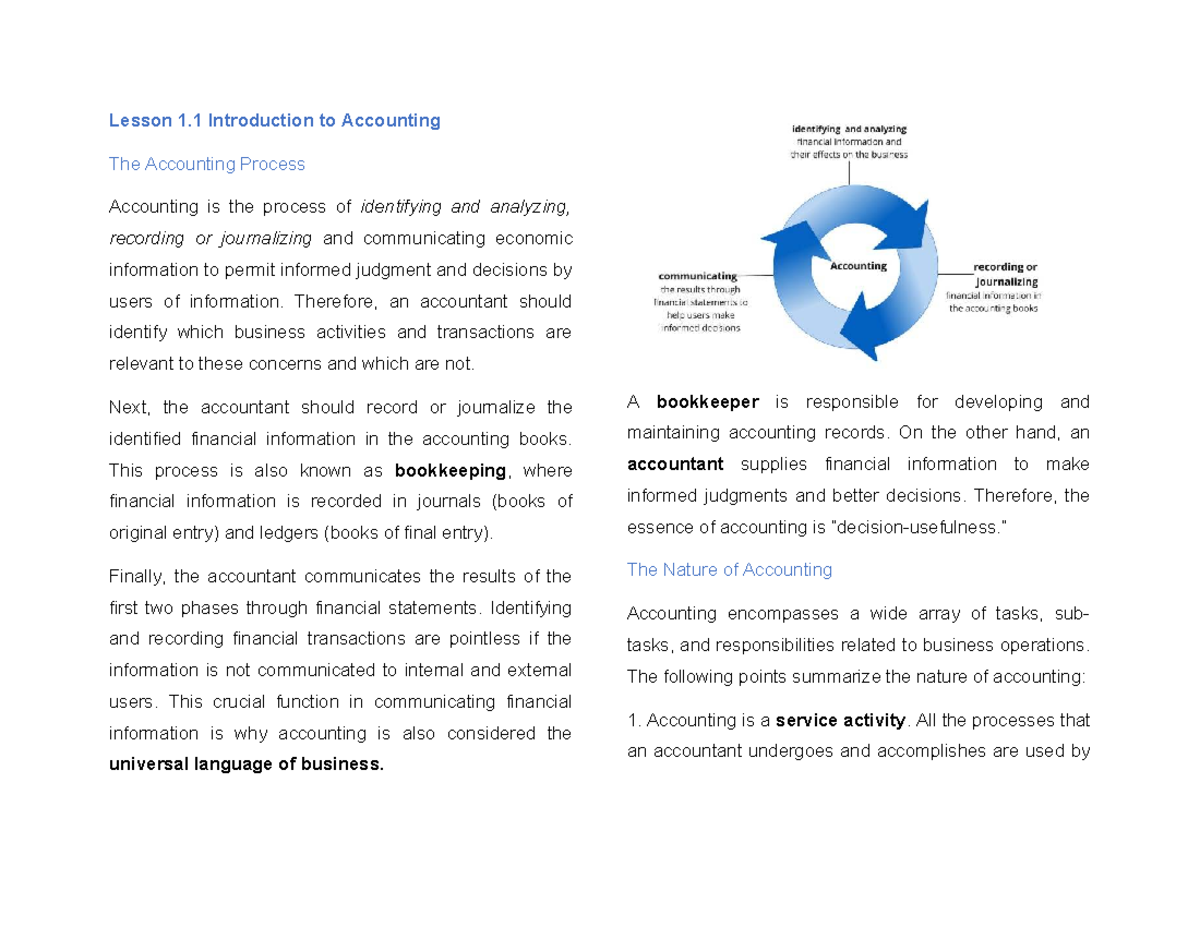 Lesson 1.1 Introduction to accounting: The accounting process and its ...