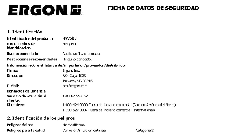 Hoja de Datos de Seguridad (MSDS) - Aceite HyVolt I 4708 - Studocu