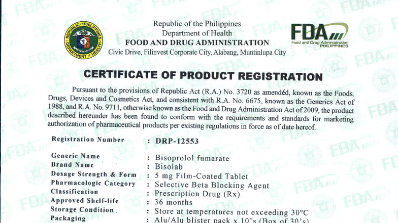 CPR Bisolab (5 mg) - Product Registration Details - Studocu