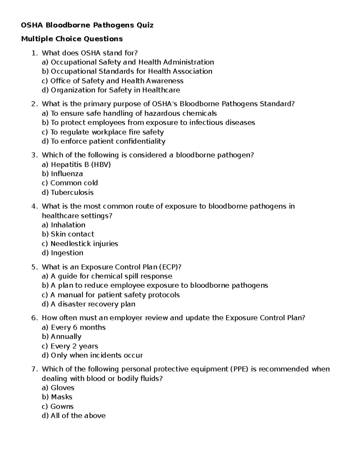 OSHA Bloodborne Pathogens Quiz Answer Key 2025 - Studocu