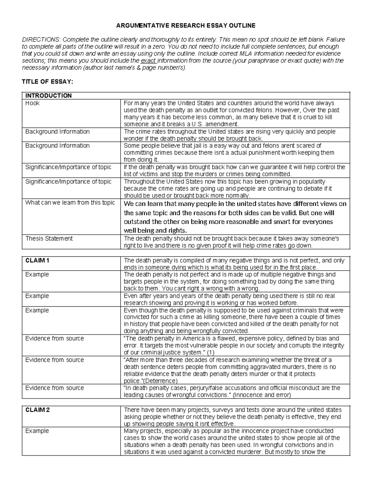 ARG 101: Argumentative Research Essay Outline on Death Penalty - Studocu