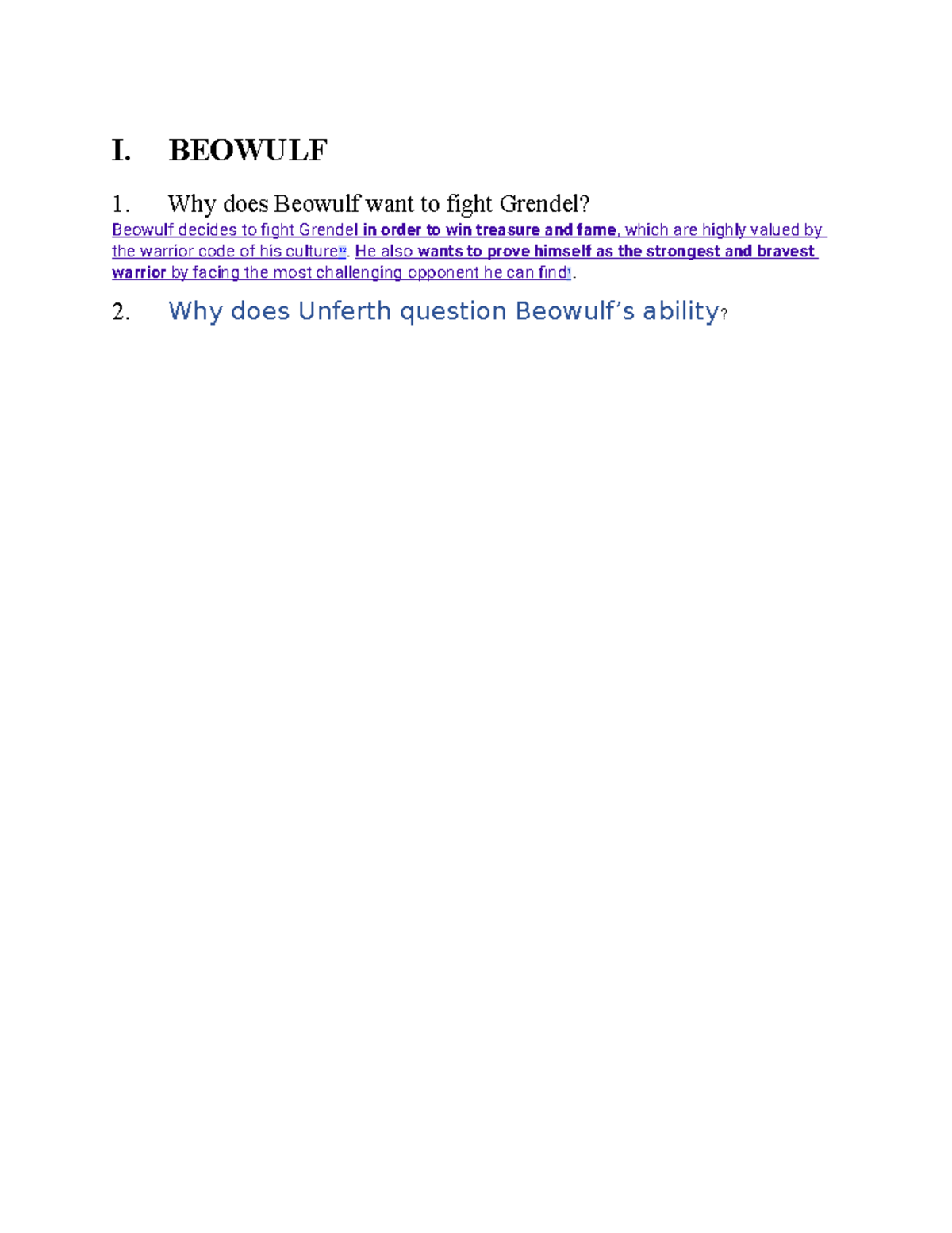 Revision - sgsgsg - I. BEOWULF 1. Why does Beowulf want to fight ...