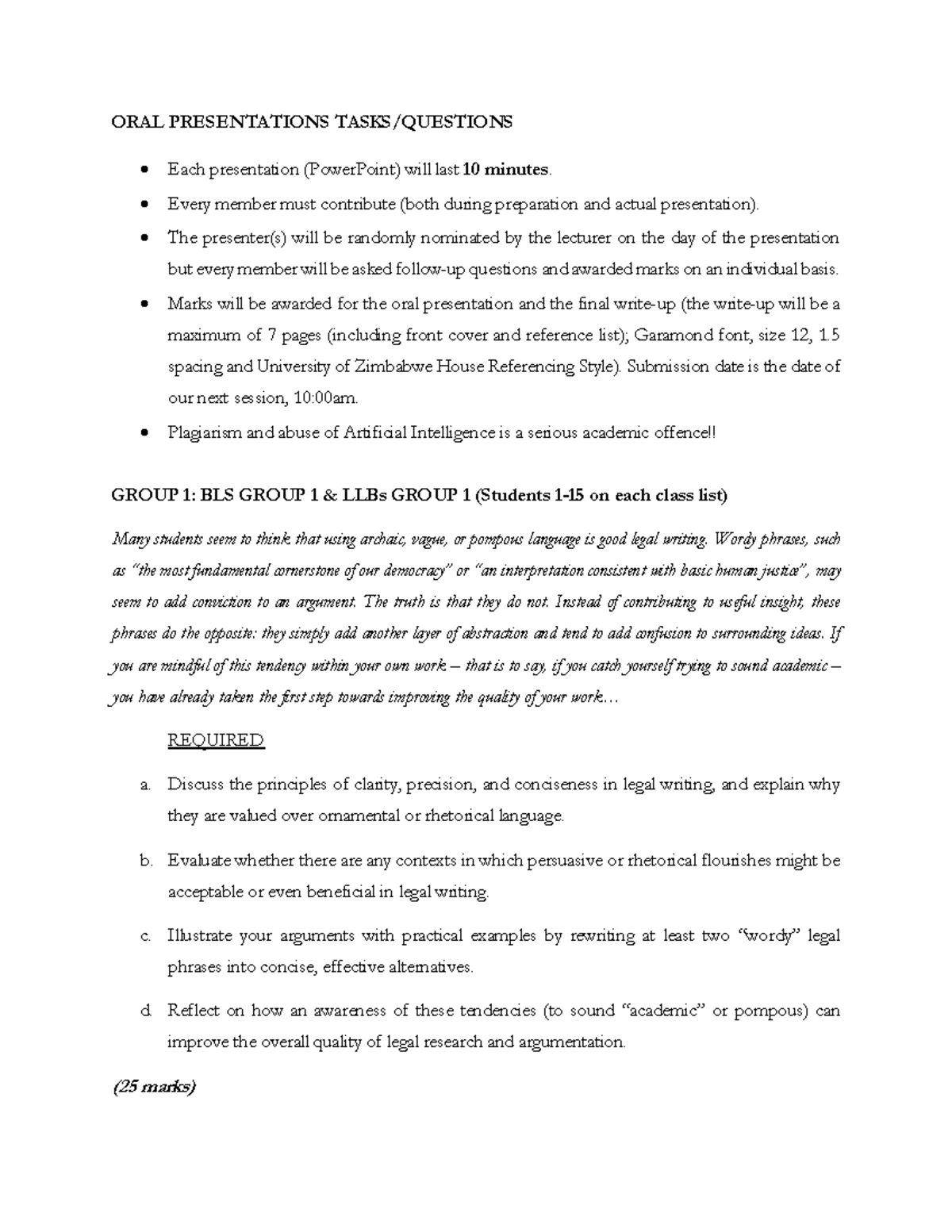 BLS/LLB Oral Presentation Guidelines & Legal Writing Principles - Studocu