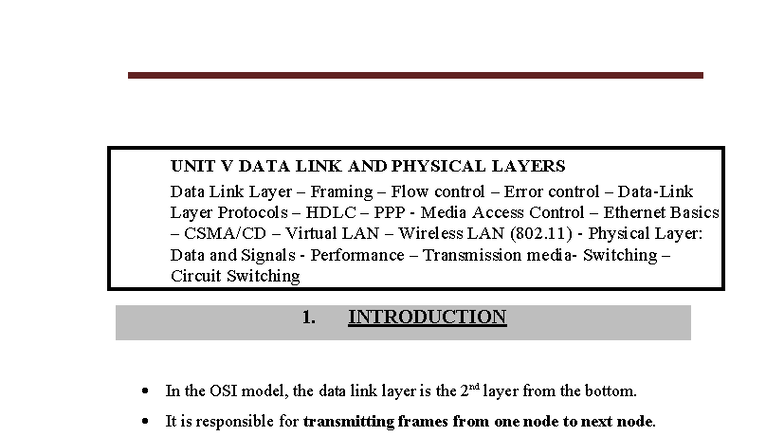 CN UNIT-5: Data Link and Physical Layers Overview - Studocu