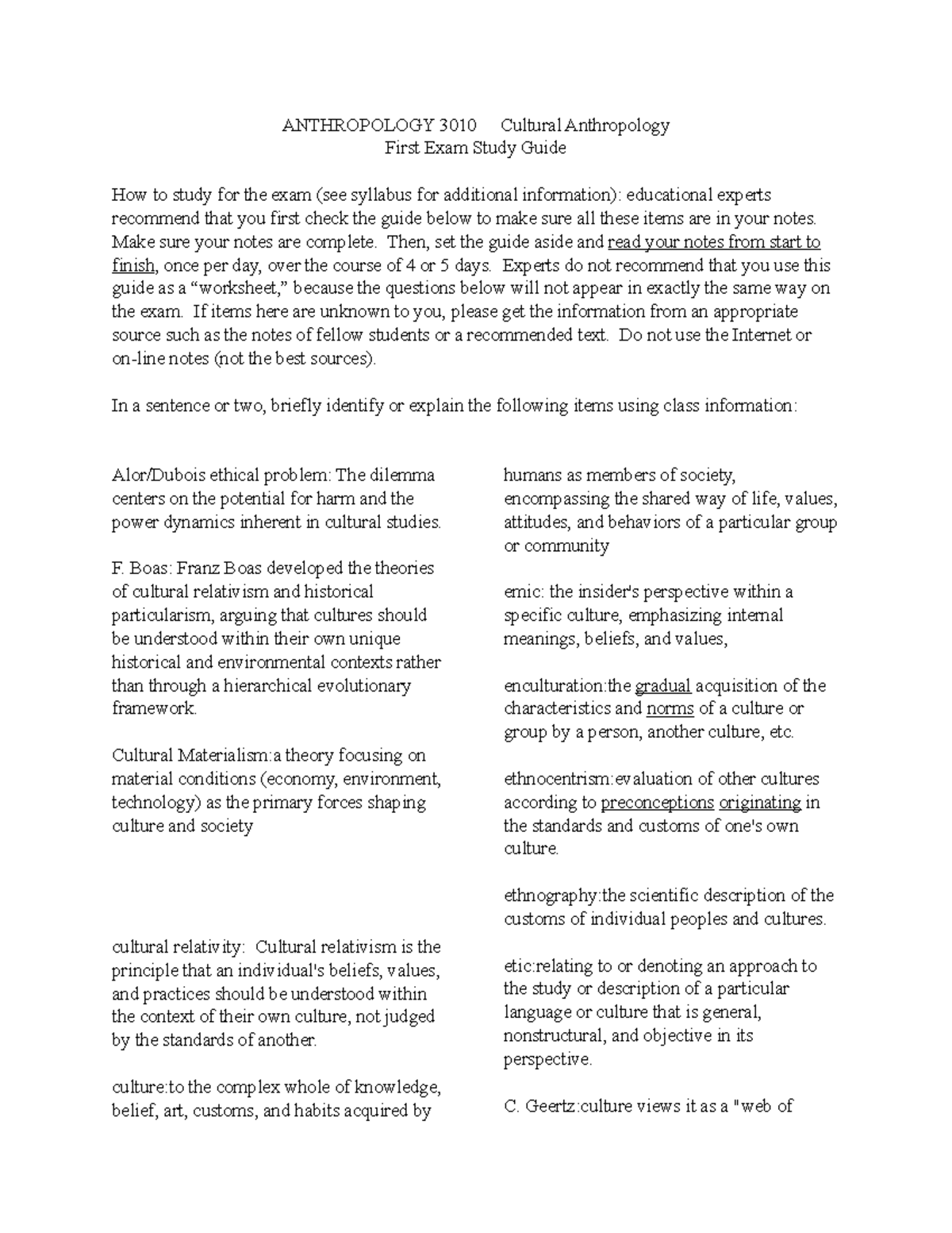 Cultural Anthropology 3010: First Exam Study Guide & Key Concepts - Studocu