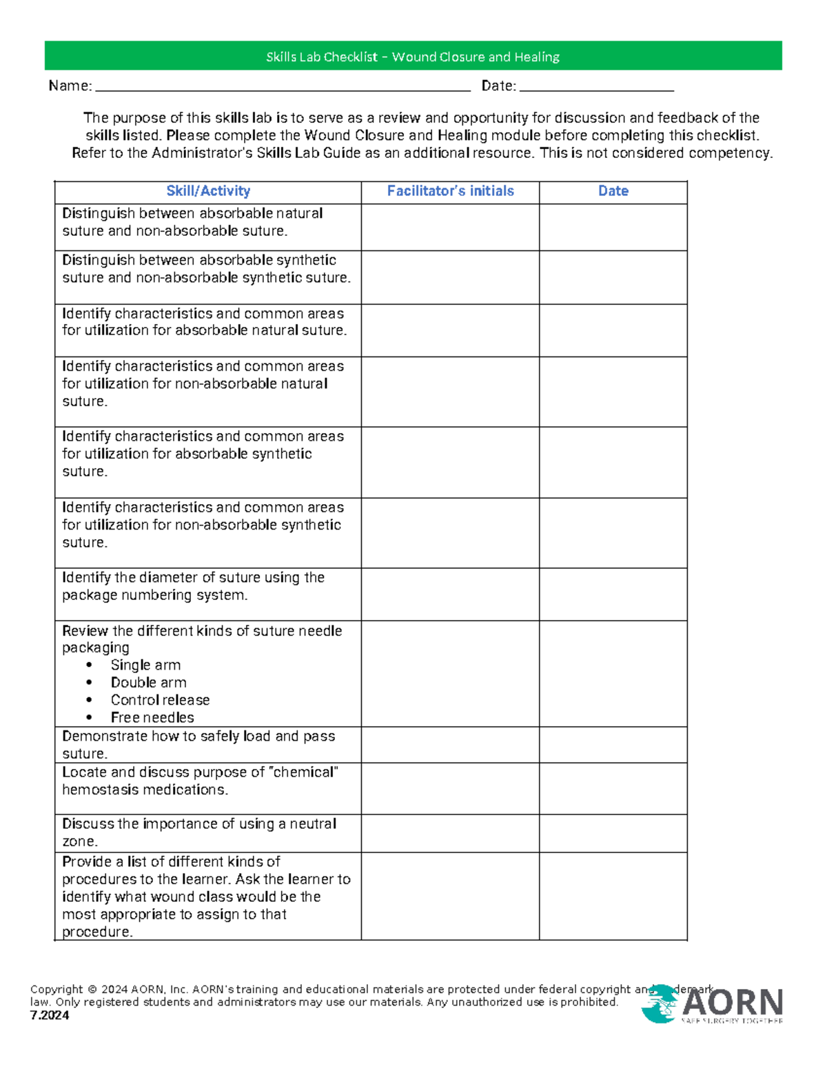 Skills Lab Checklist Wound Closure and Healing - Name: - Studocu