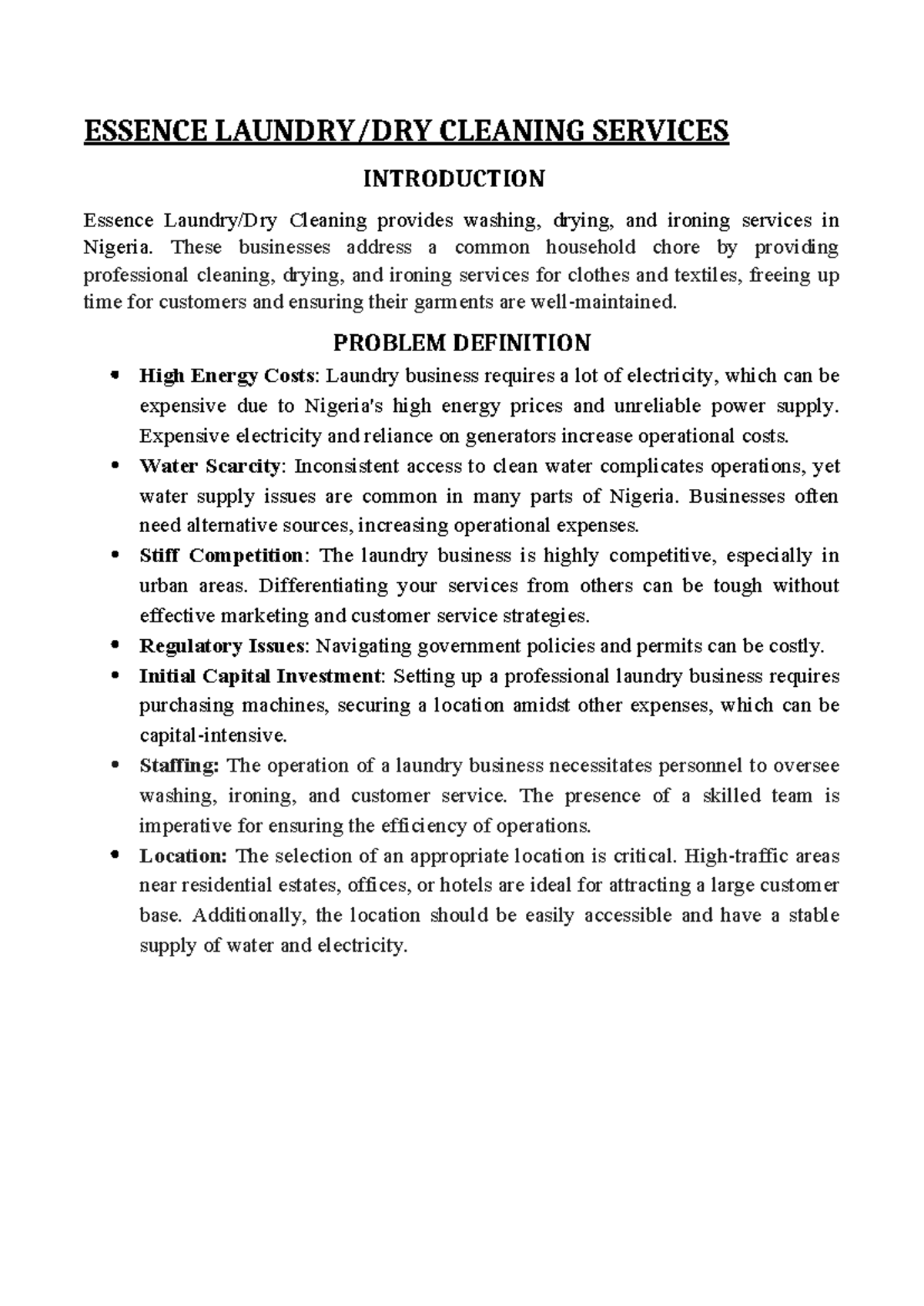 GST 302 - Business Plan for Essence Cleaning Services in Nigeria - Studocu