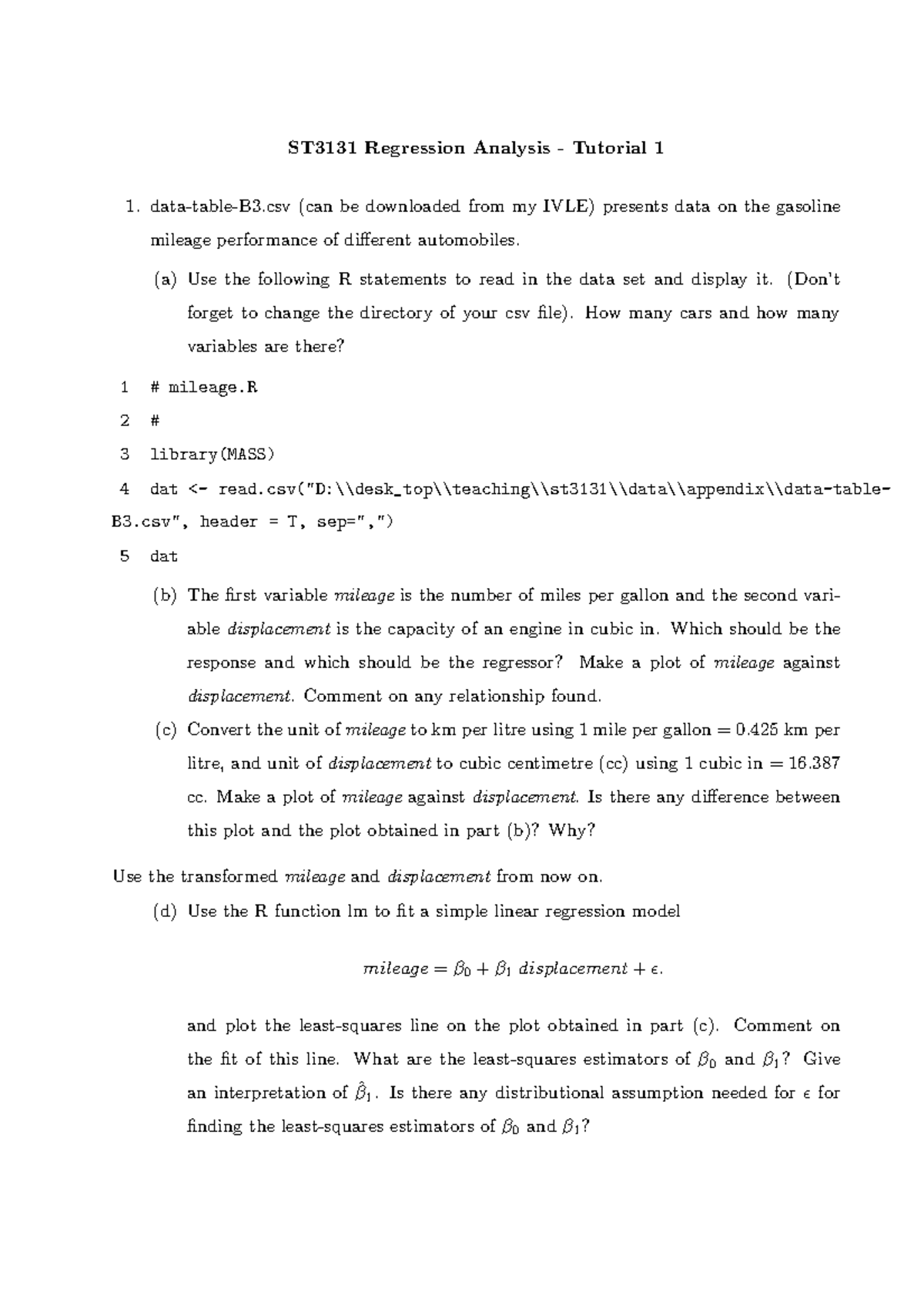 ST3131 Regression Analysis - Tutorial 1 Summary and Exercises - Studocu