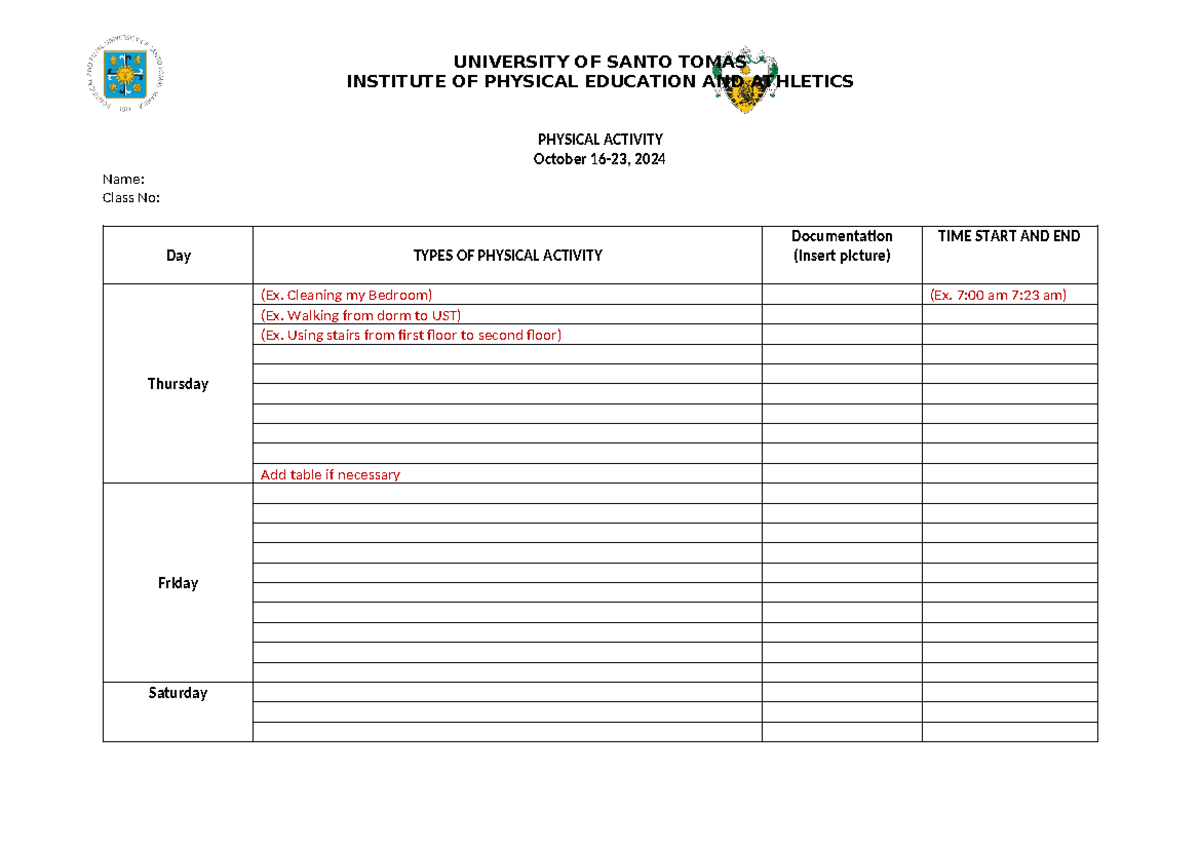 Template FOR Physical Activity - UNIVERSITY OF SANTO TOMAS INSTITUTE OF ...