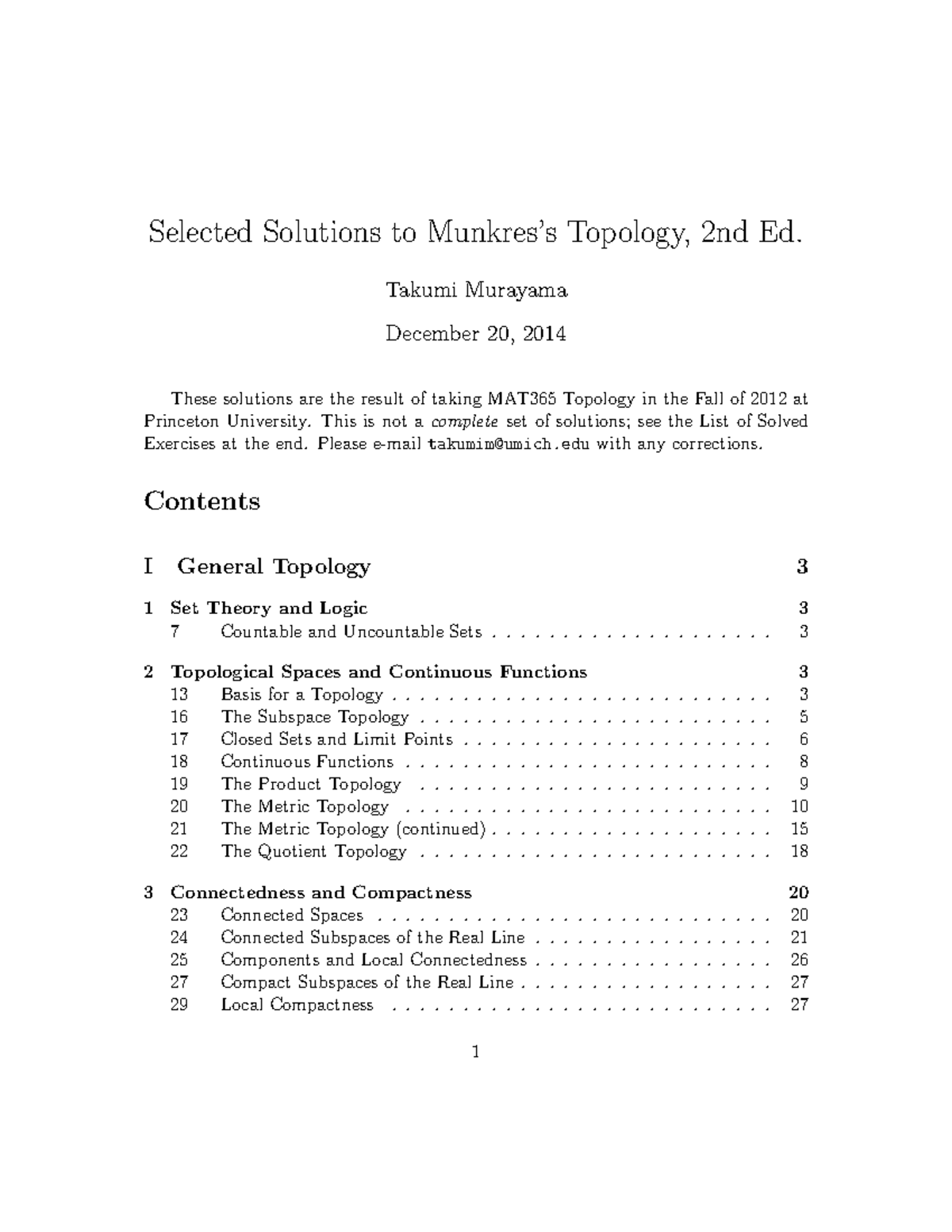 MATH365 Selected Solutions to Topology (2nd Ed.) by Murayama - Studocu