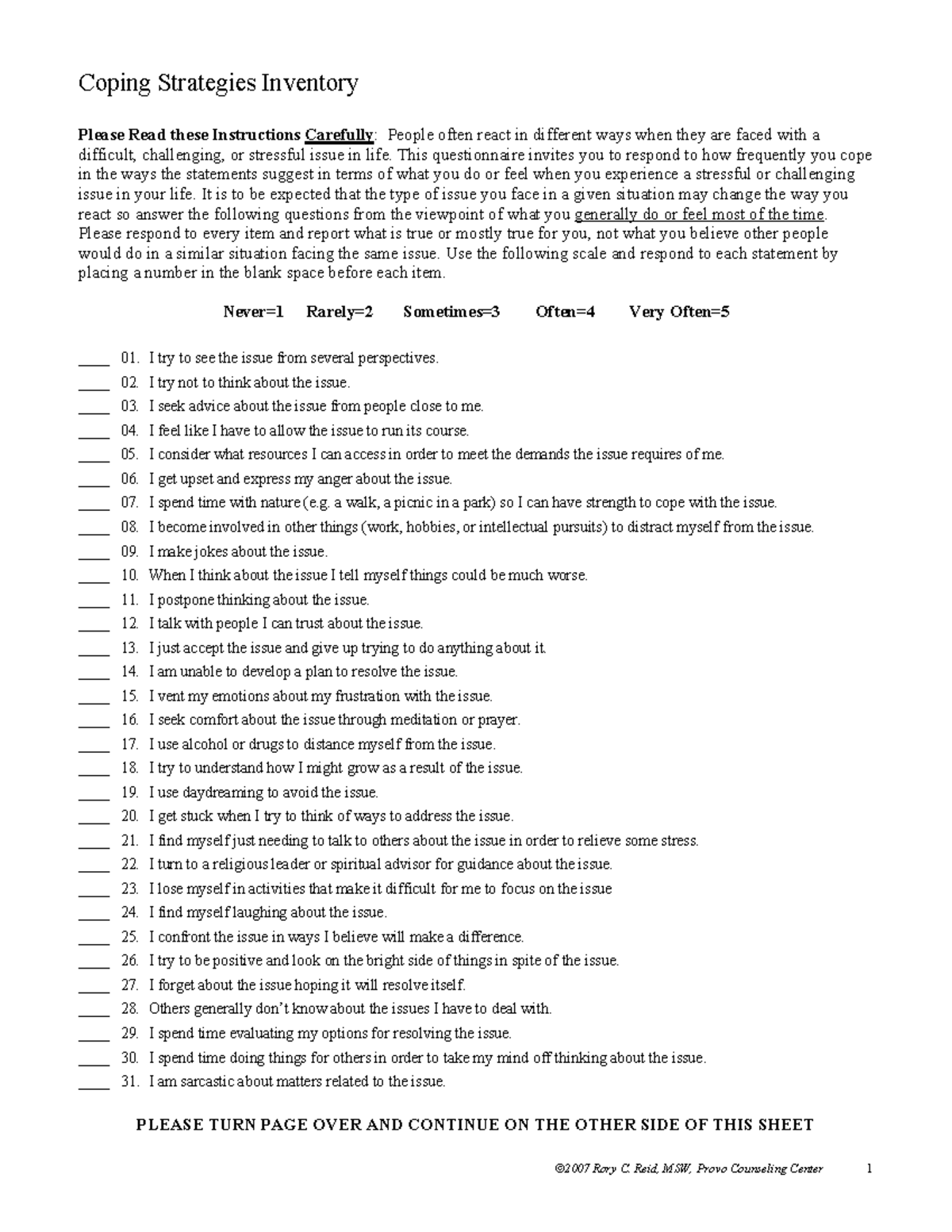 Coping Strategies Inventory: A Guide to Managing Stressful Issues - Studocu