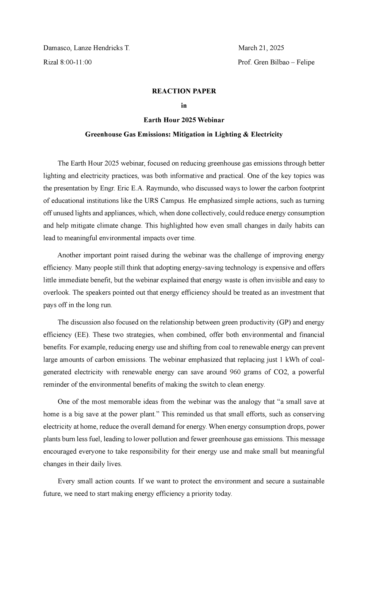 Reaction Paper: Earth Hour 2025 Webinar on Greenhouse Gas Mitigation ...