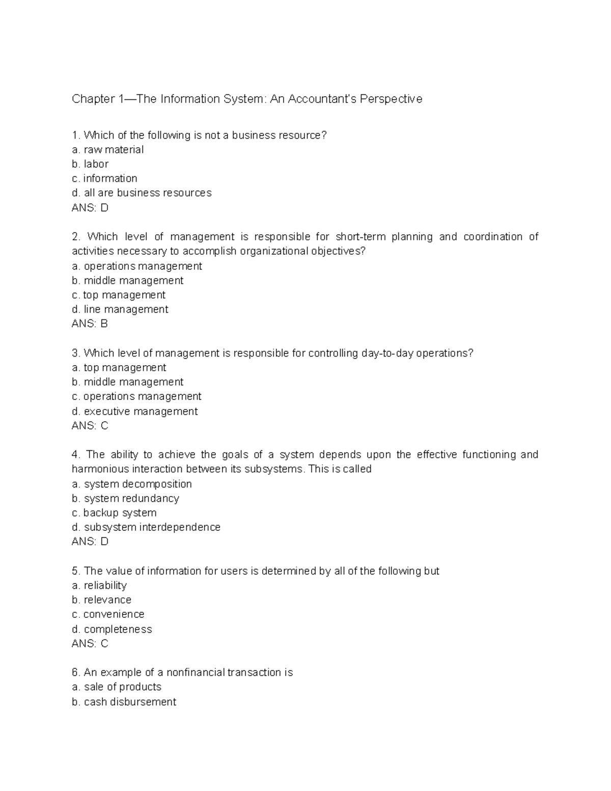 Accist 1 Test Bank: Chapter on Information Systems & Transactions - Studocu