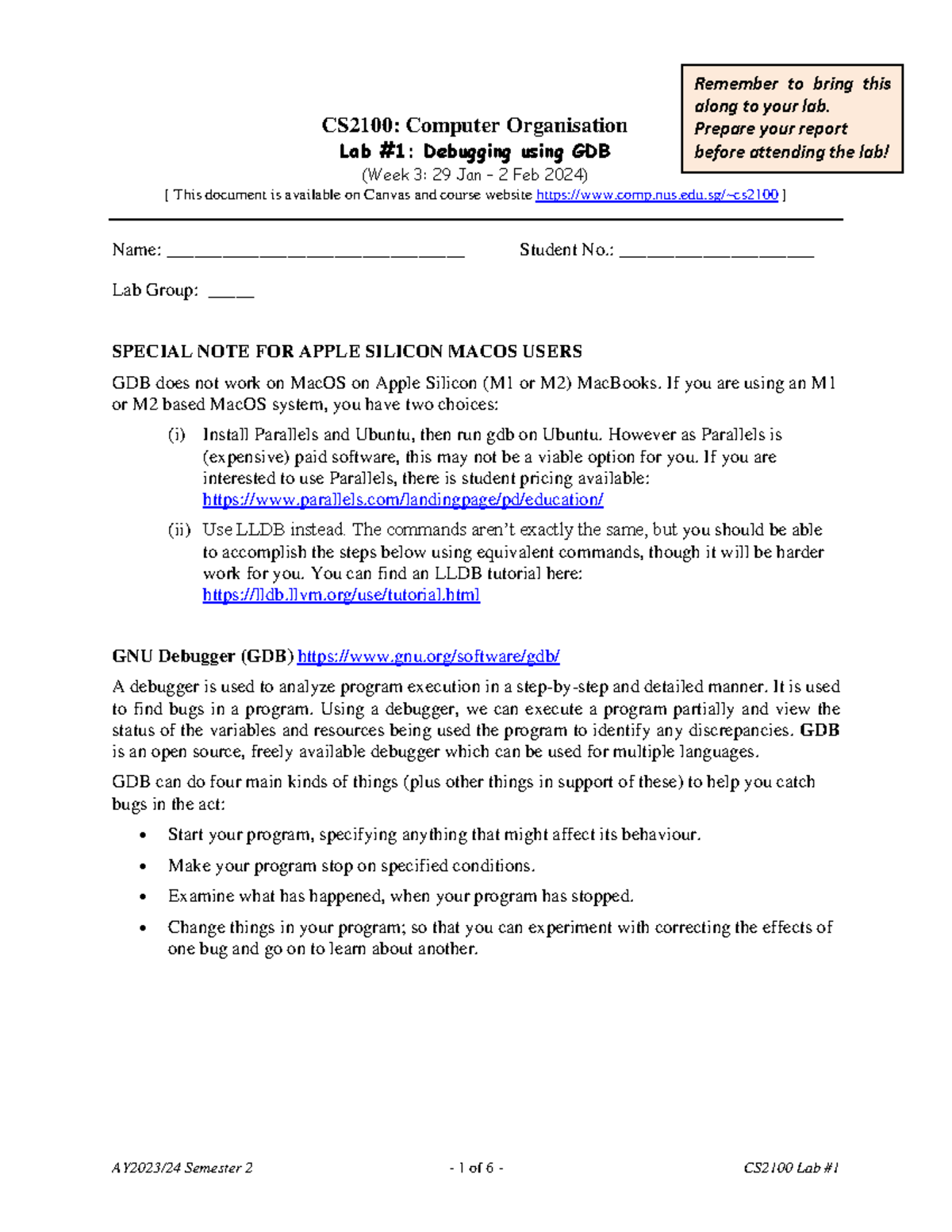 Lab1qns - Lab 1 question paper - CS2100: Computer Organisation Lab #1: Debugging using GDB (Week ...