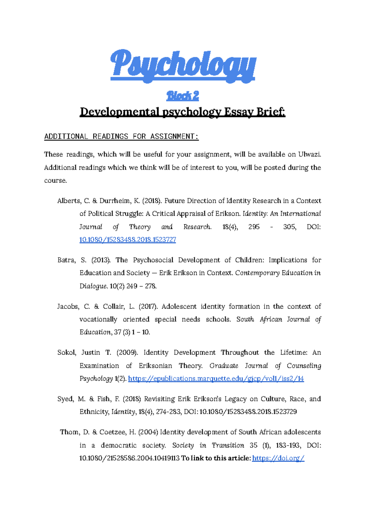 Psychology Block 2: Developmental Psychology Essay Guidelines and ...