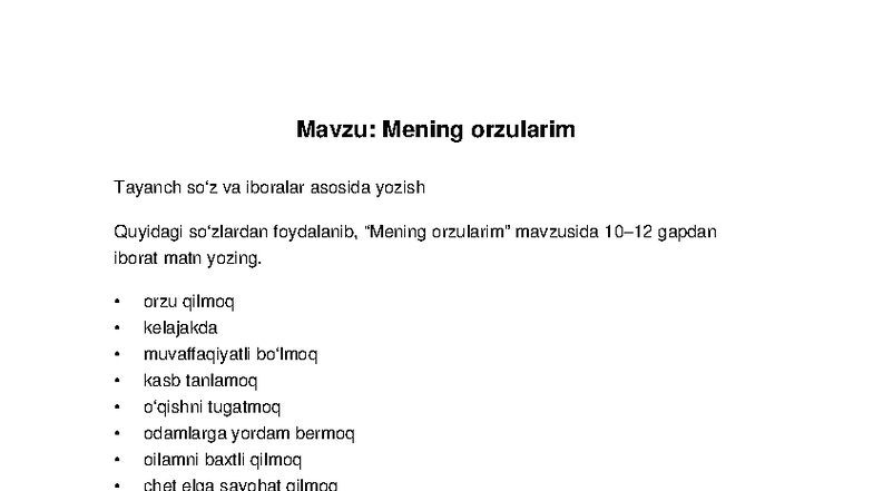 Mening orzularim tayanch sozlar - Mavzu: Mening orzularim Tayanch so‘z ...