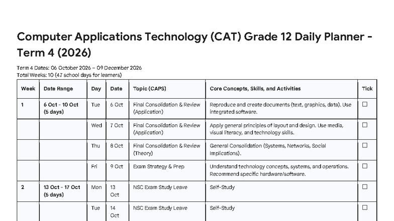 2026 Term 4 CAT Grade 12 Daily Planner & Exam Schedule - Studocu