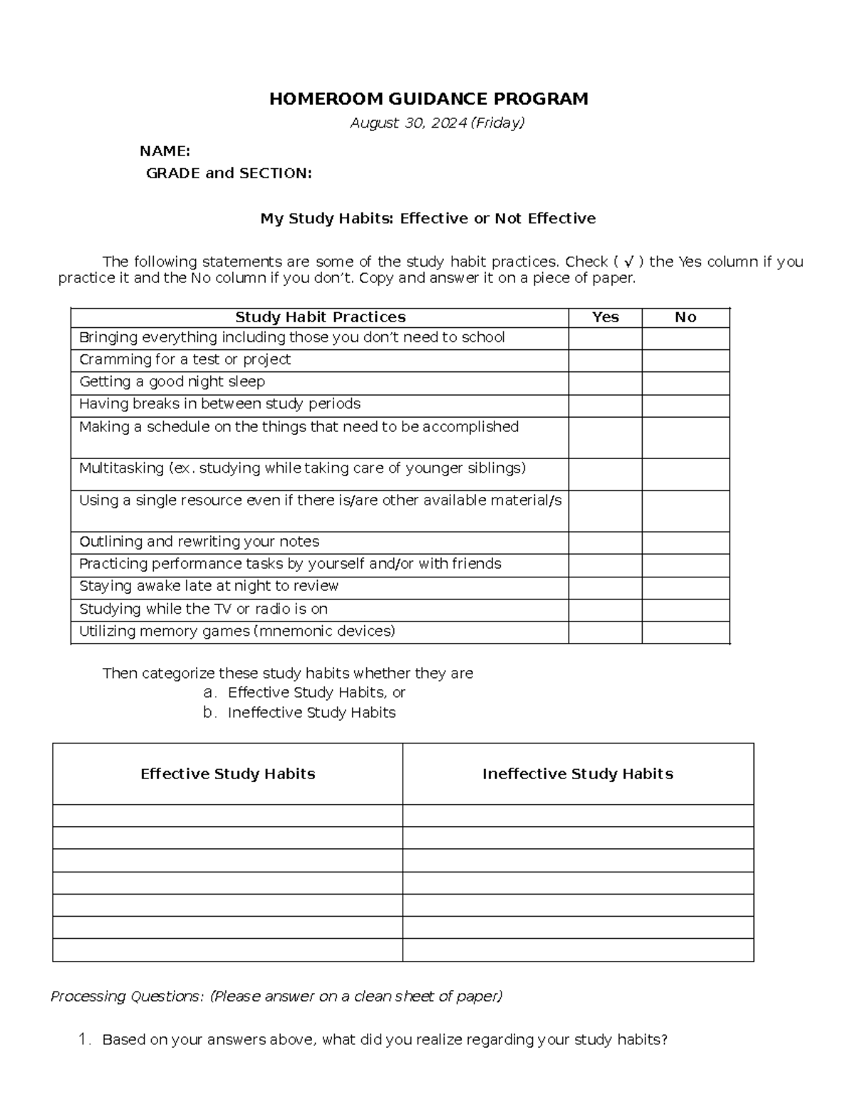My Study Habits - try it - HOMEROOM GUIDANCE PROGRAM August 30, 2024 ...